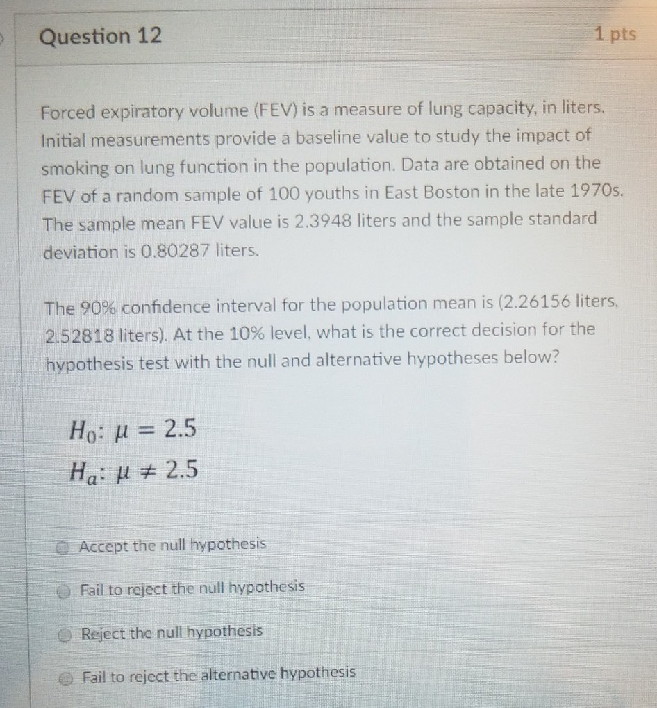 Solved 1 pts Question 12 Forced expiratory volume (FEV) is a | Chegg.com