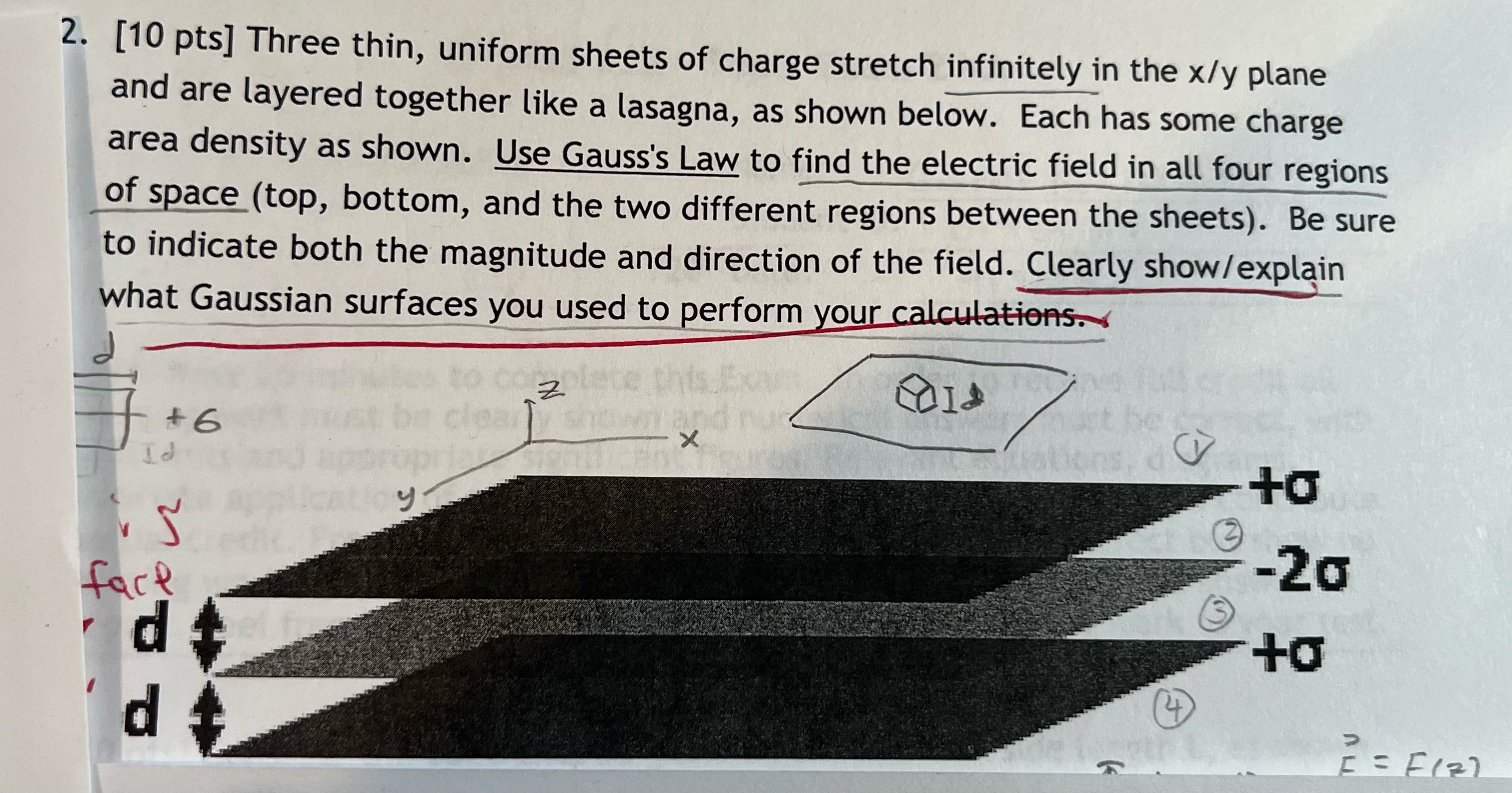 Solved [10 pts] Three thin, uniform sheets of charge stretch | Chegg.com