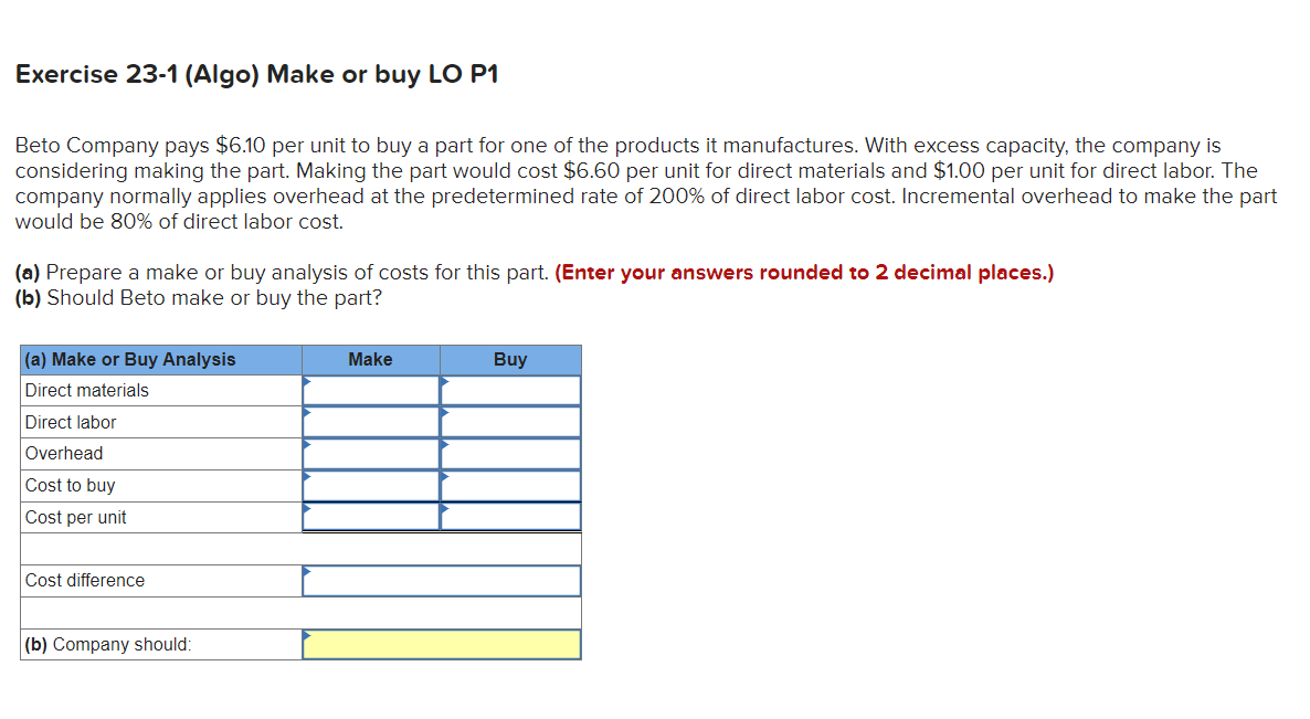Solved Exercise 23-1 (Algo) Make or buy LO P1 Beto Company | Chegg.com