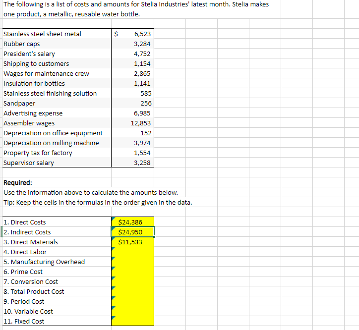 Solved The following is a list of costs and amounts for | Chegg.com
