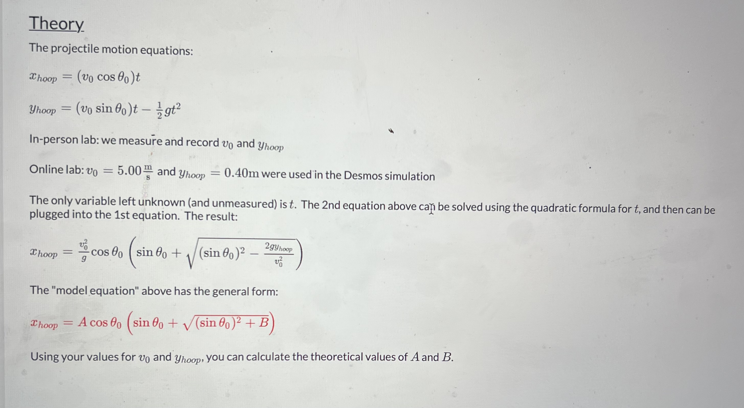 Solved Theory The projectile motion equations: xhoop | Chegg.com