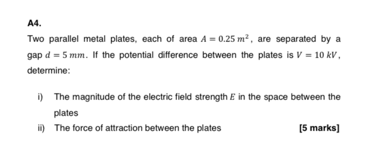 Solved A4. Two parallel metal plates, each of area \\( | Chegg.com