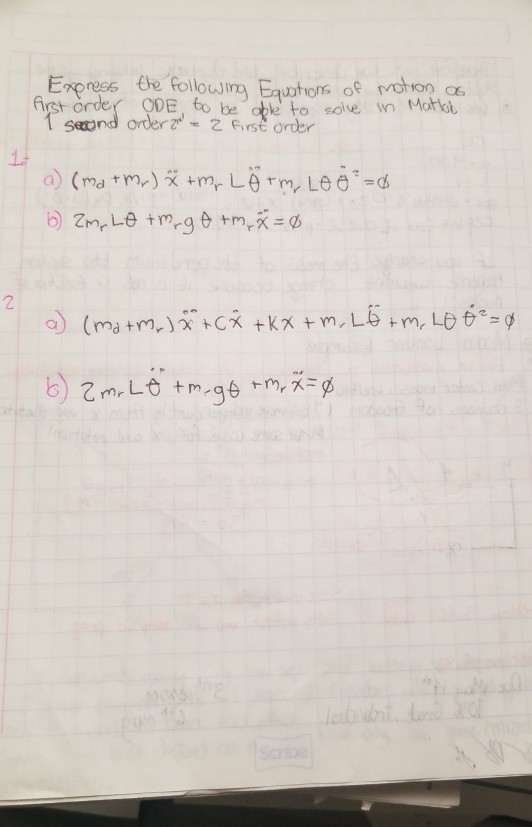 Solved Express the following 2nd order equations of motion | Chegg.com