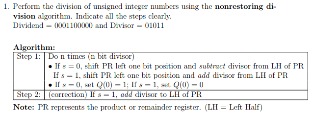 1. Perform the division of unsigned integer numbers | Chegg.com