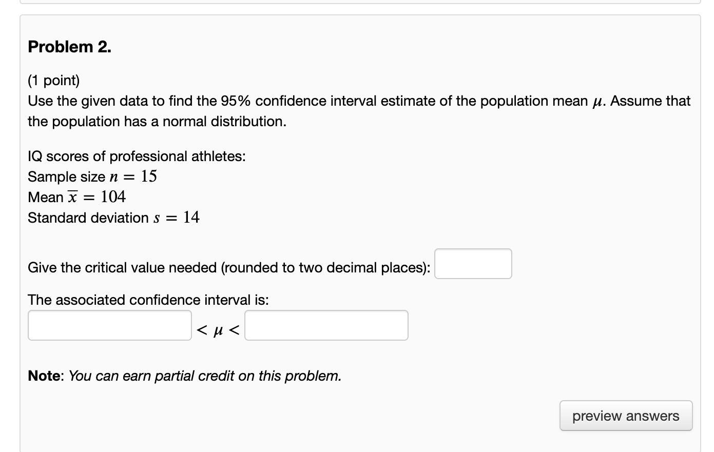 Solved Problem 2. (1 point) Use the given data to find the | Chegg.com