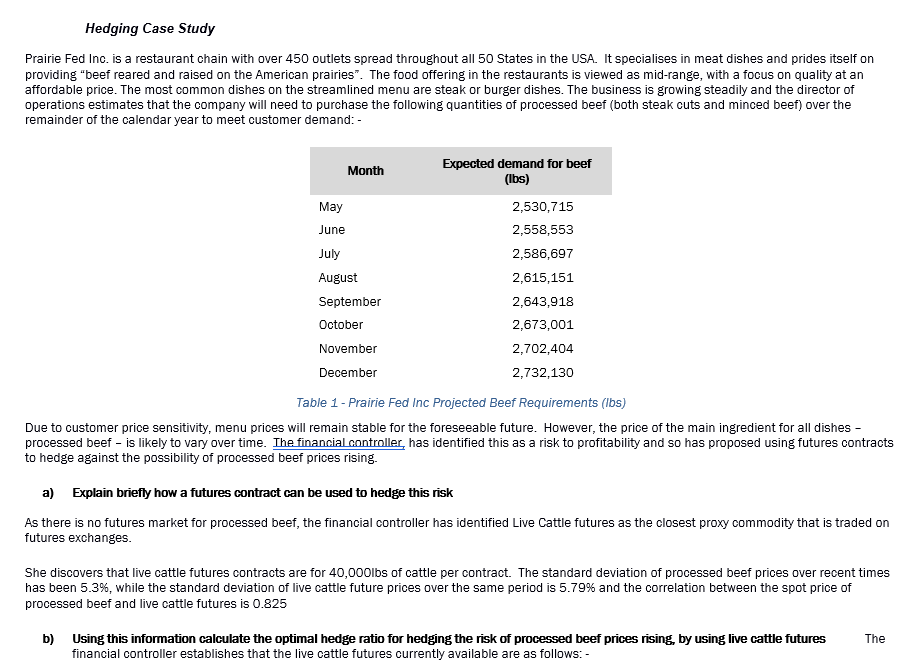 Hedging Case Study Prairie Fed Inc. is a restaurant | Chegg.com