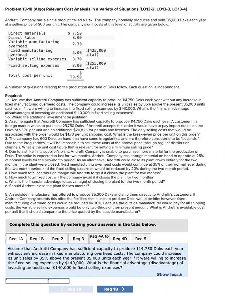 Solved Problem 13-18 (Algo) Relevant Cost Analysis in a | Chegg.com
