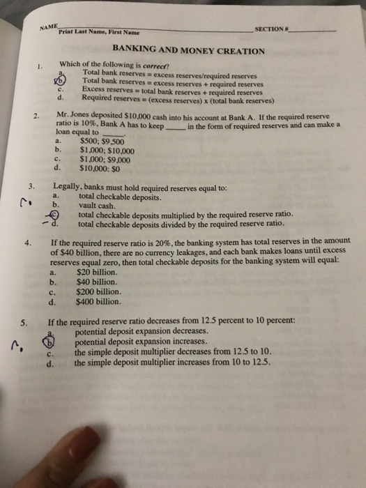 Solved NAME SECTION # Print Last Name, First Name BANKING | Chegg.com