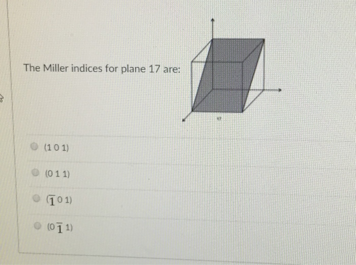 Solved The Miller indices for plane 17 are: (1 0 1) (0 1 | Chegg.com