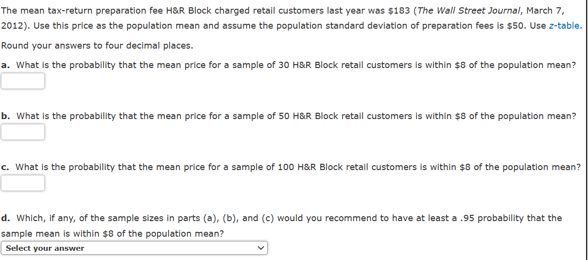 Solved The mean tax-return preparation fee H\&R Block | Chegg.com