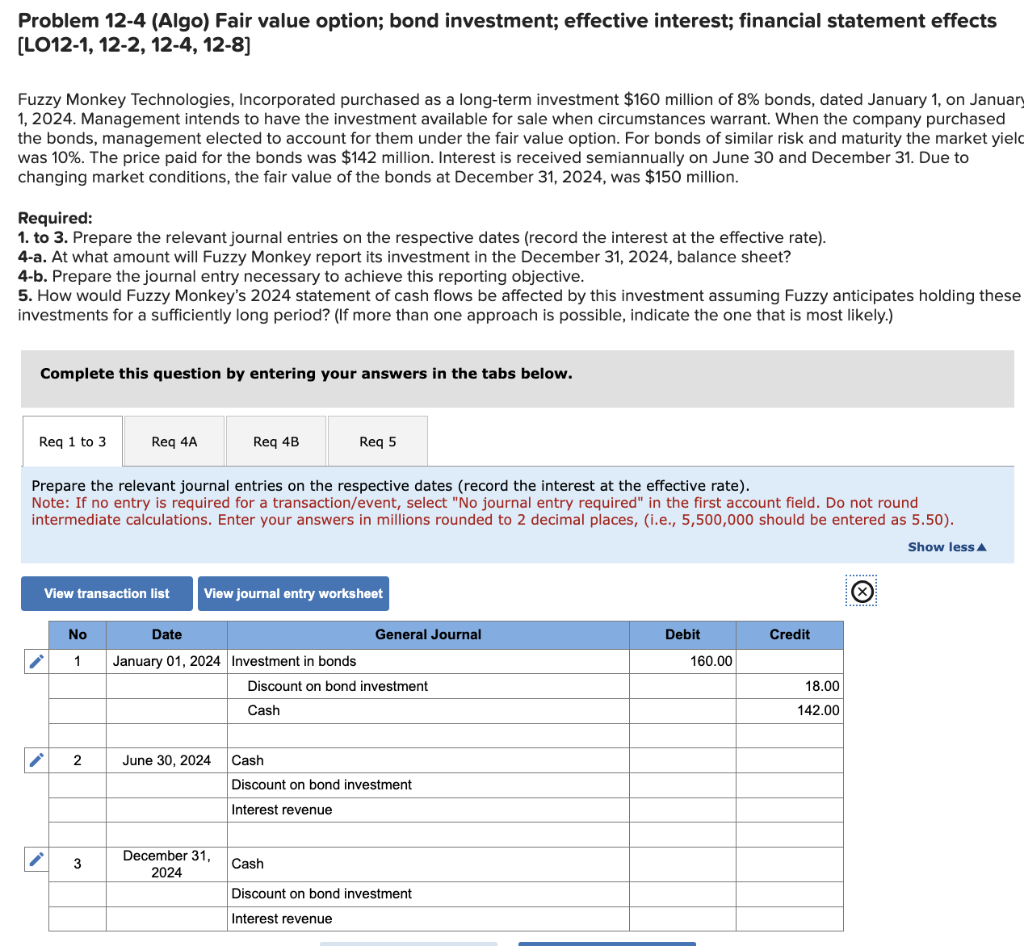 Solved Problem 12-4 (Algo) Fair value option; bond | Chegg.com