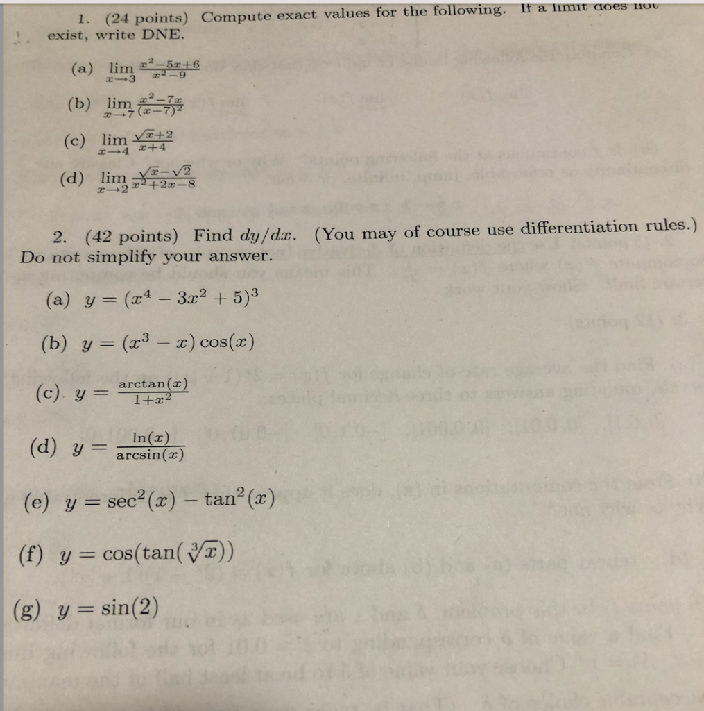 Solved 1. (24 points) Compute exact values for the | Chegg.com