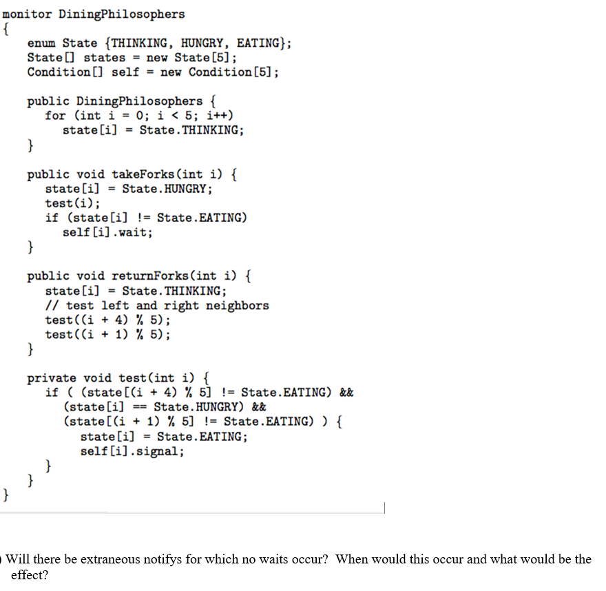 Solved monitor DiningPhilosophers { enum State {THINKING, | Chegg.com
