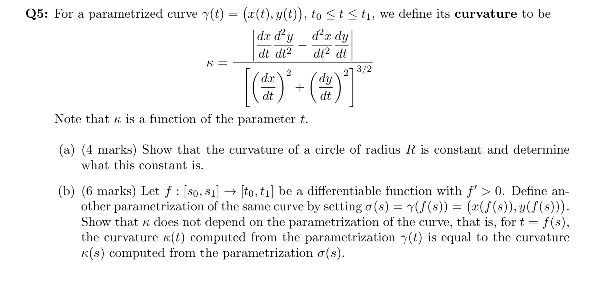 Solved Q5: For a parametrized curve y(t) = (x(t), y(t)), to | Chegg.com