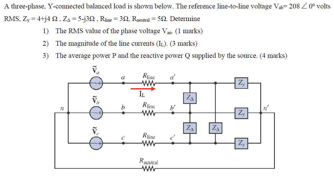 Solved A three-phase, Y-connected balanced load is shown | Chegg.com