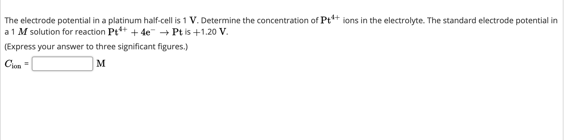 Solved The electrode potential in a platinum half-cell is 1 | Chegg.com