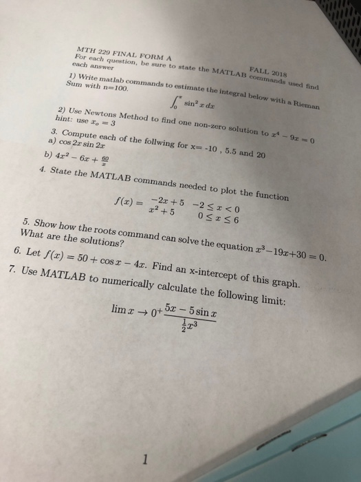 MTH 229 FINAL FORM A FALL 2018 For each question, be | Chegg.com