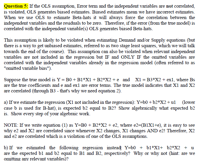 Solved Question 5: If the OLS assumption, Error term and the | Chegg.com