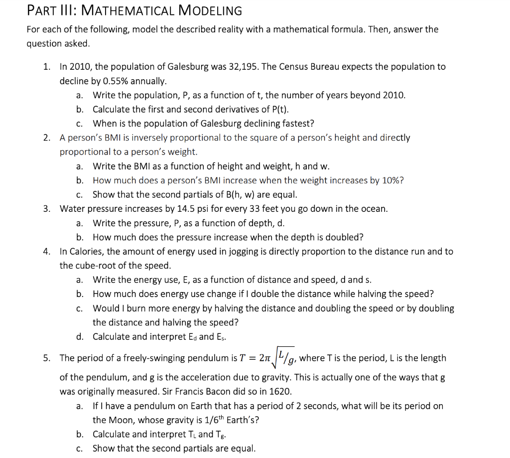 Solved PART III: MATHEMATICAL MODELING For each of the | Chegg.com