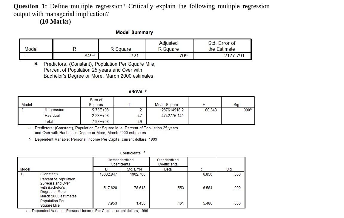 Solved Question 1: Define multiple regression? Critically | Chegg.com