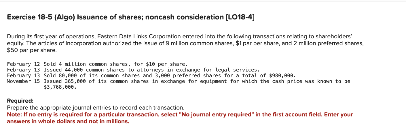 Solved Exercise 18-5 (Algo) ﻿Issuance of shares; noncash | Chegg.com