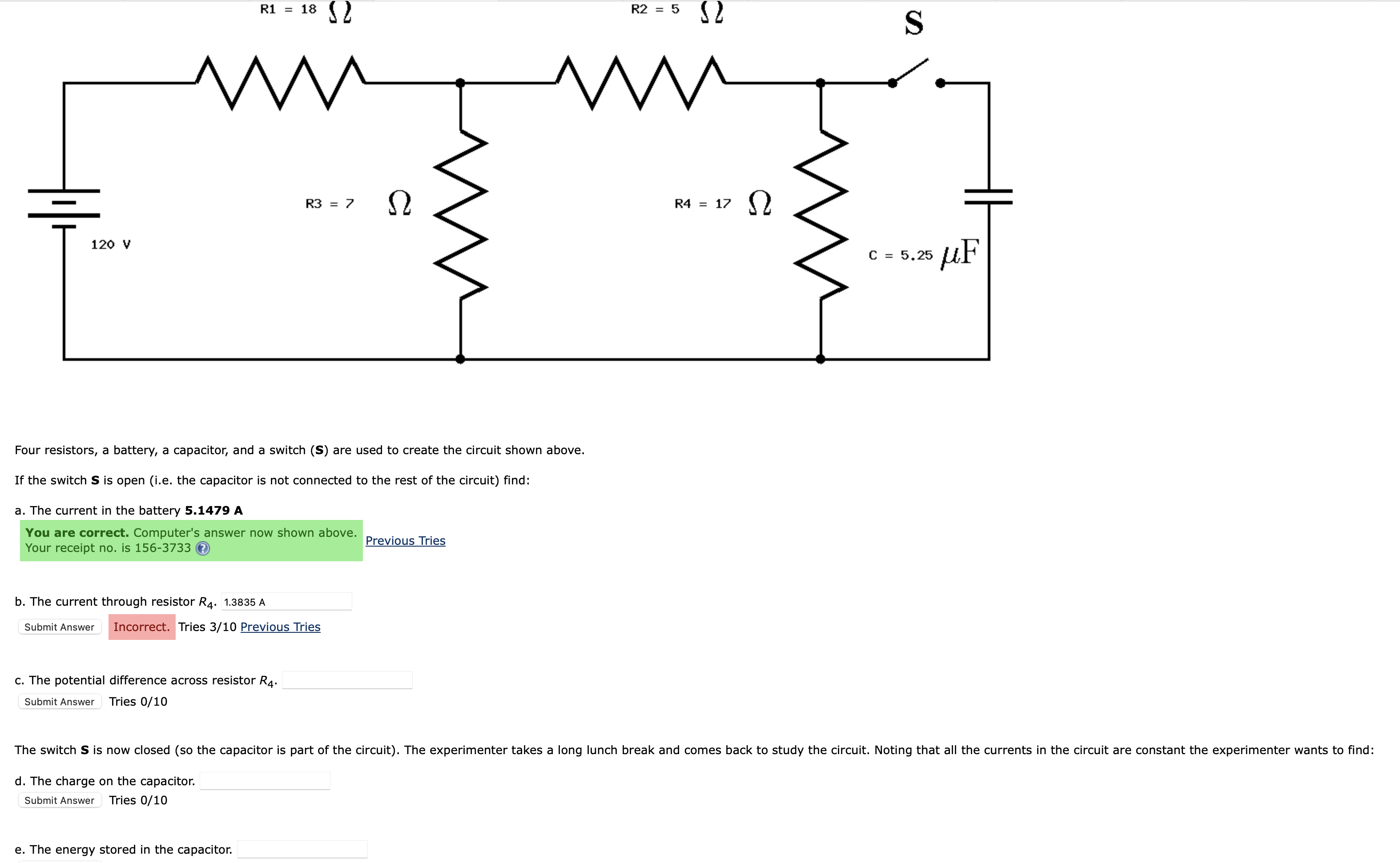 Solved Four resistors, a battery, a capacitor, and a switch | Chegg.com