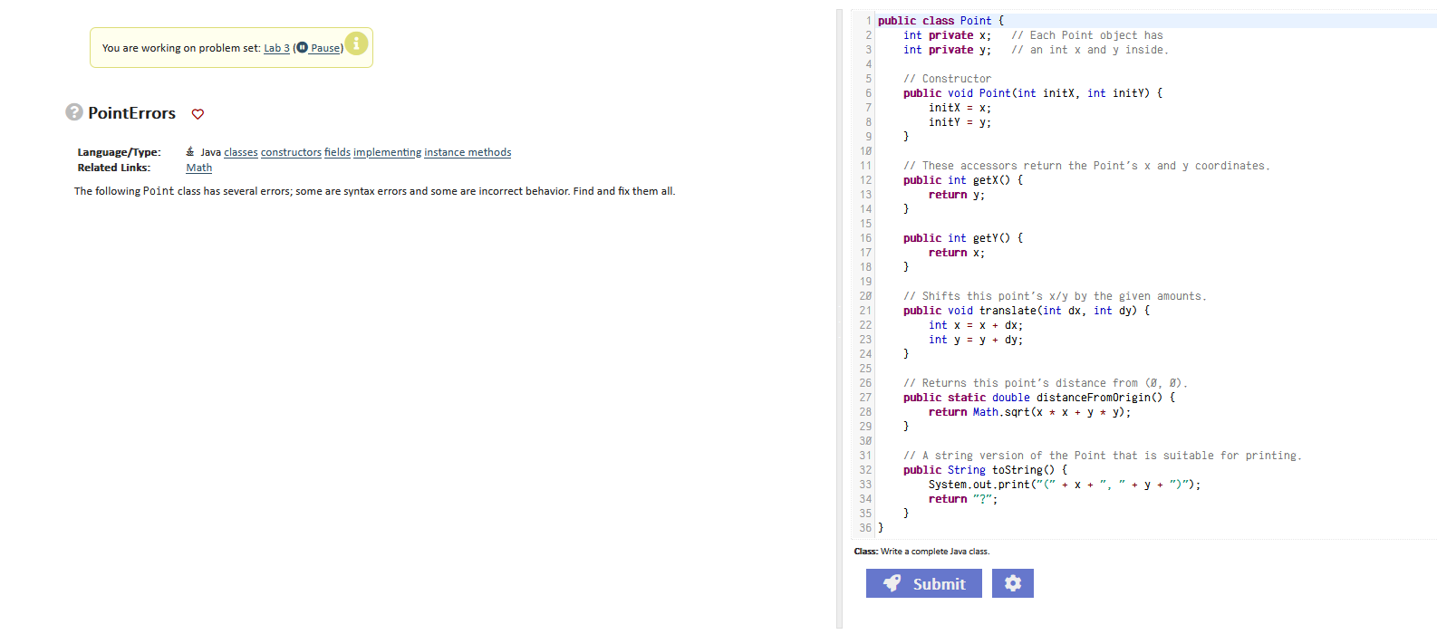 Solved Language/Type: 坐 Java classes constructors fields | Chegg.com