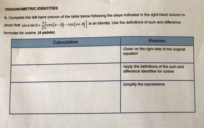 Solved TRIGONOMETRIC IDENTITIES 8. Complete the left-hand | Chegg.com