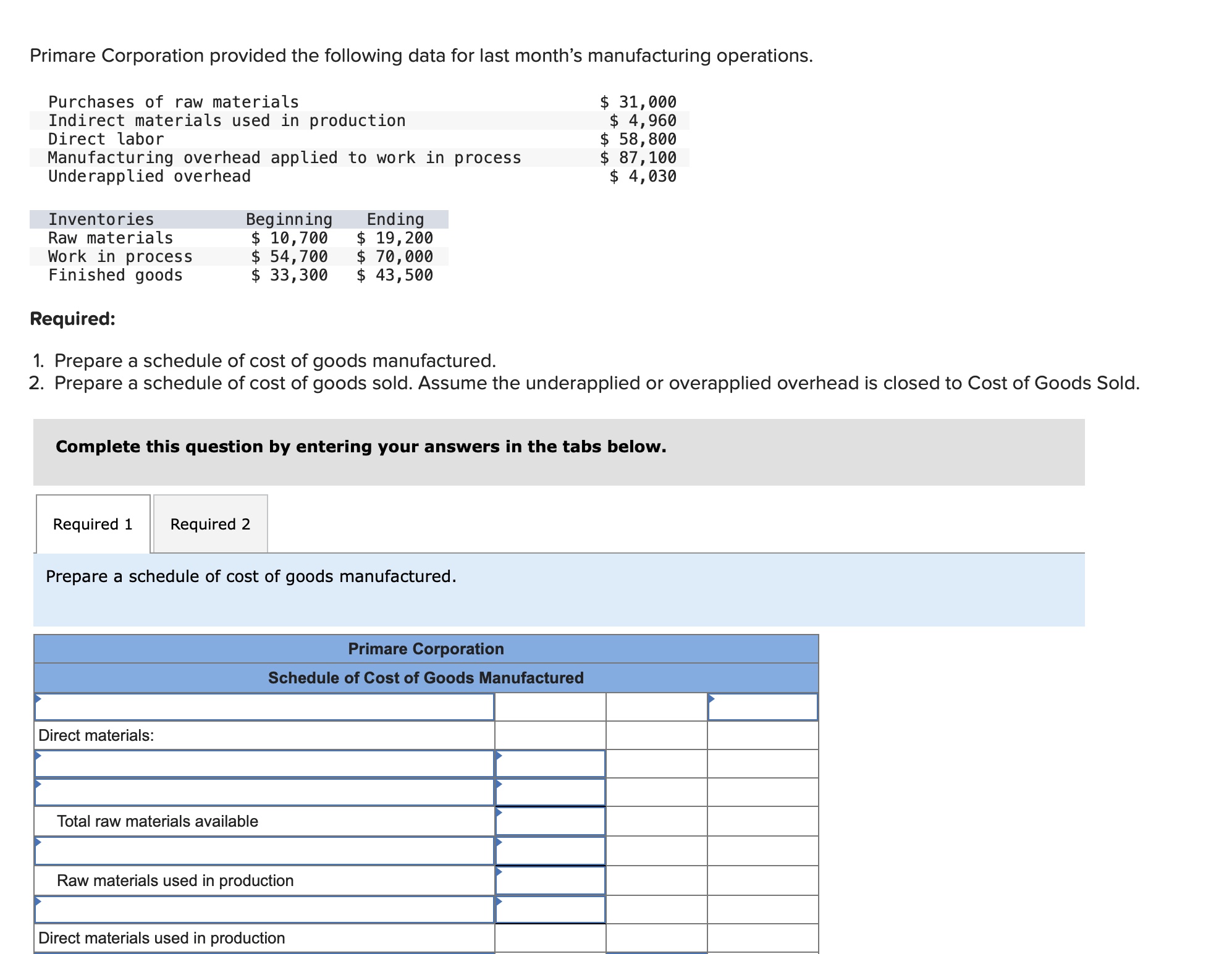 Solved Primare Corporation provided the following data for | Chegg.com