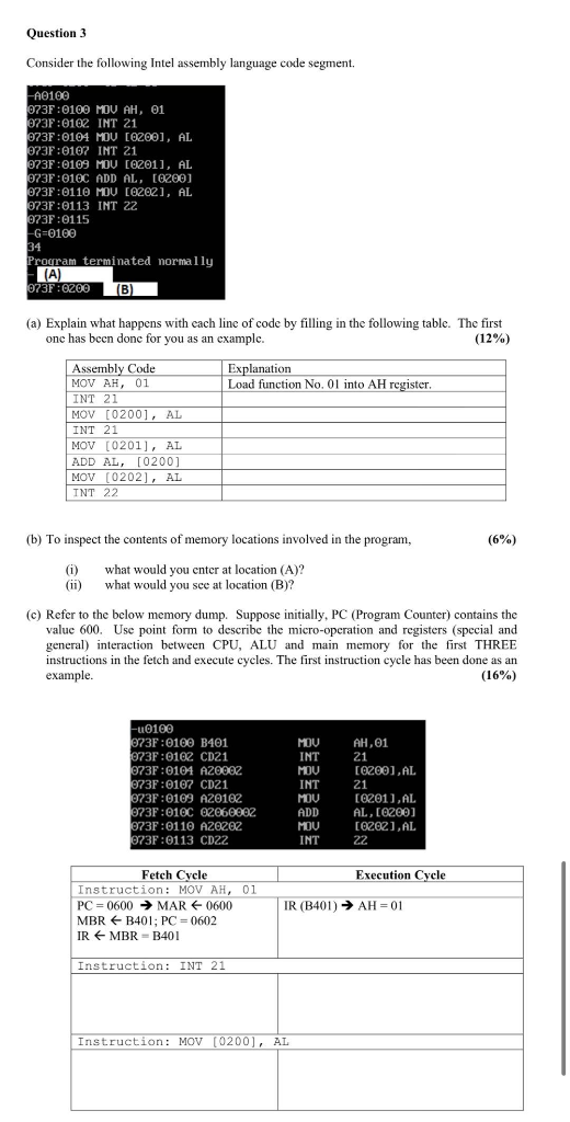 Question 3 Consider the following Intel assembly | Chegg.com