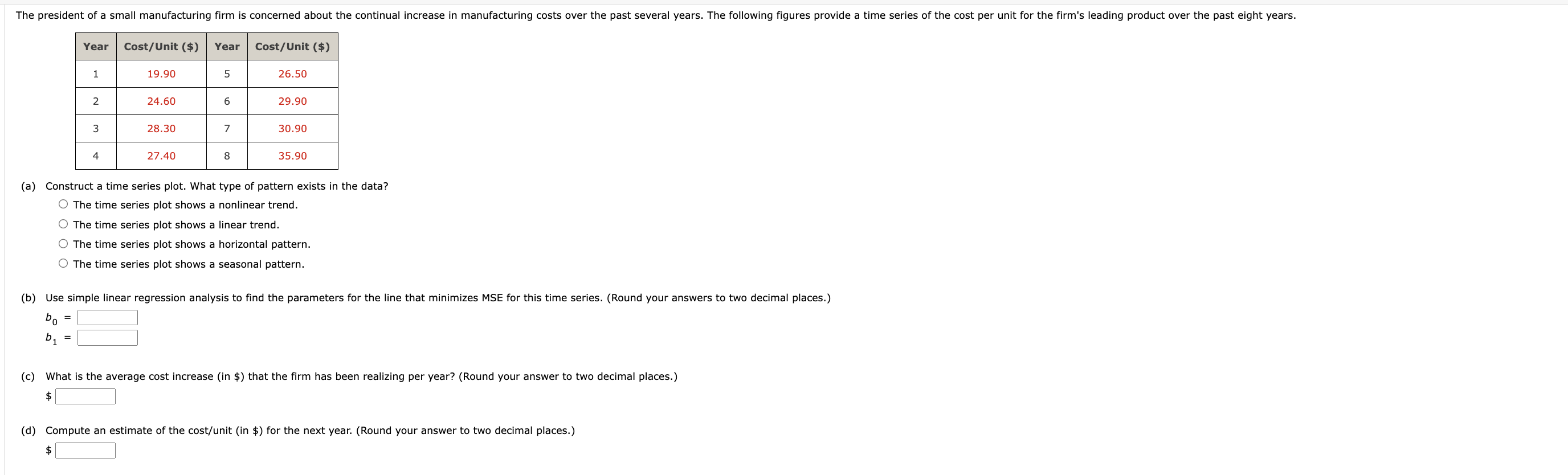 Solved (a) Construct a time series plot. What type of | Chegg.com