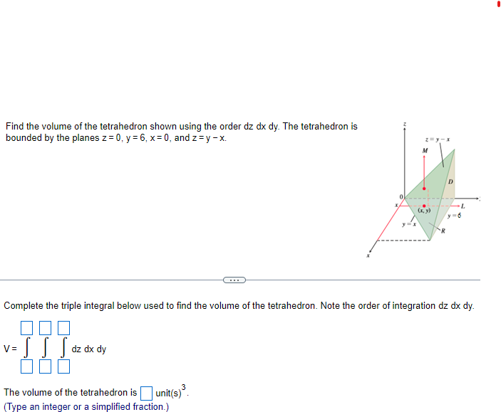 Solved Find the volume of the tetrahedron shown using the | Chegg.com