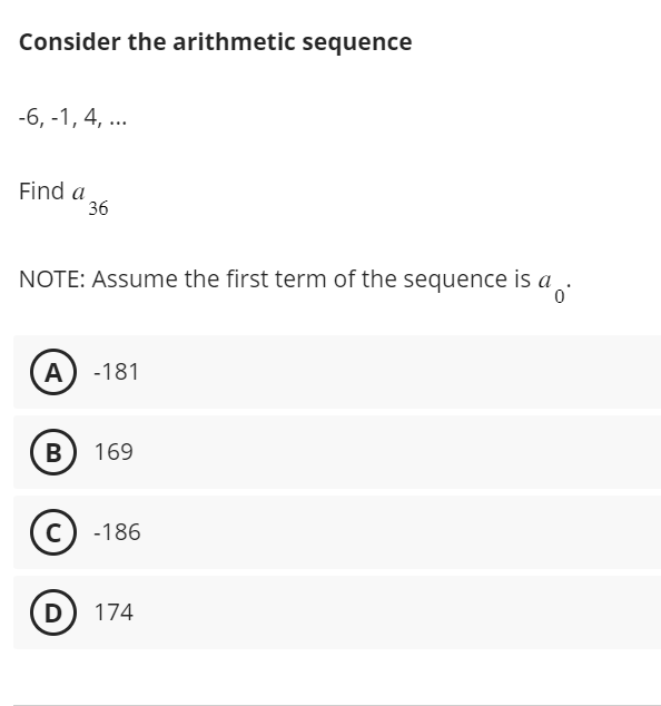 Solved Consider the arithmetic sequence −6,−1,4,… Find a36 | Chegg.com