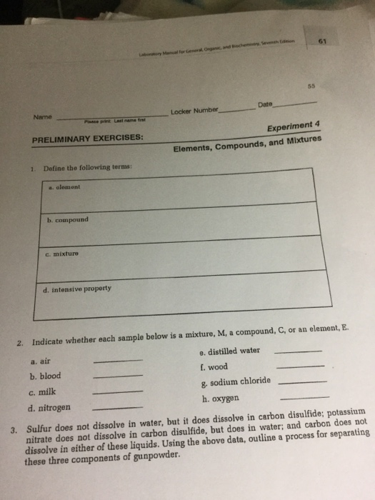 Solved 61 Name Locker Number Date PRELIMINARY EXERCISES: | Chegg.com