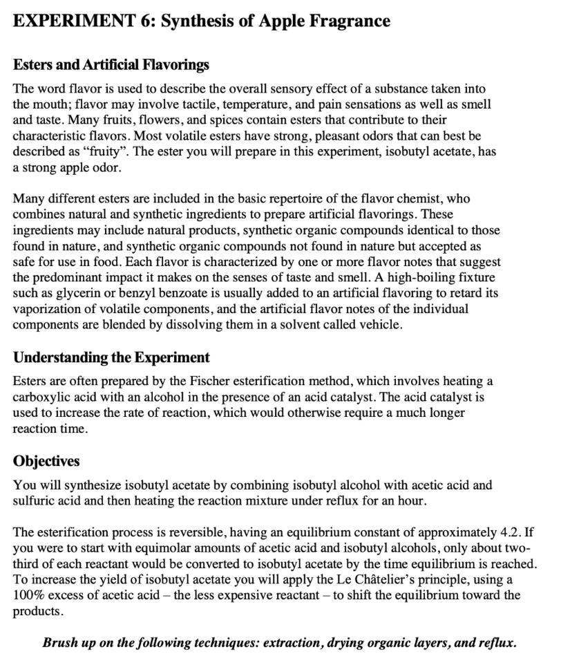 Solved EXPERIMENT 6: Synthesis of Apple Fragrance Esters and | Chegg.com