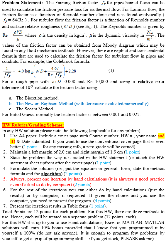 Problem Statement: The Fanning friction factor ffor | Chegg.com