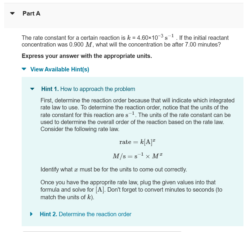 Solved Find the reaction order and show me how. Use the hint | Chegg.com