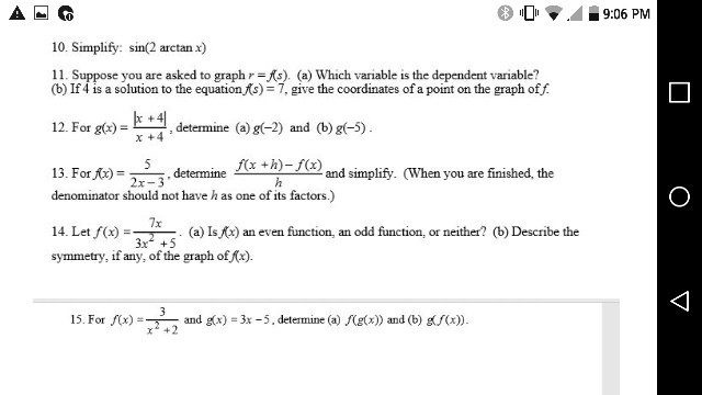 Solved θ O 9:06 PM 10. Simplify: sin(2 arctan x) 11. Suppose | Chegg.com