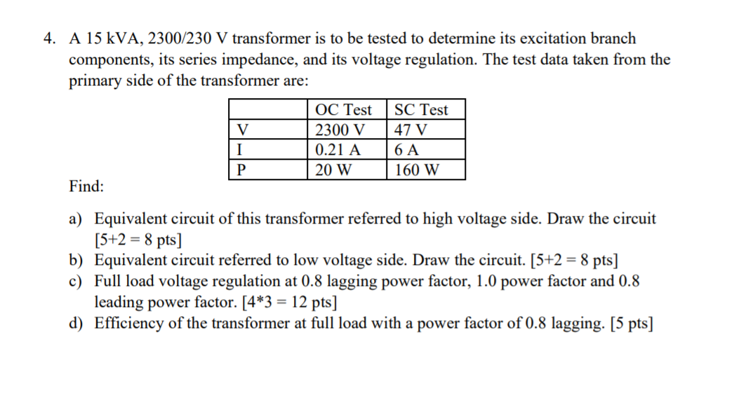 Solved 4. A 15 kVA, 2300/230 V transformer is to be tested | Chegg.com Solved 4. A 15 kVA, 2300/230 V transformer is to be tested | Chegg.com