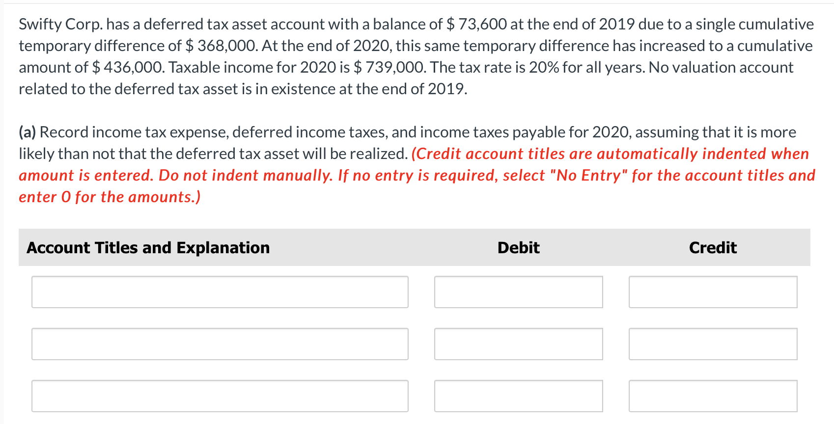 Solved Swifty Corp. has a deferred tax asset account with a | Chegg.com