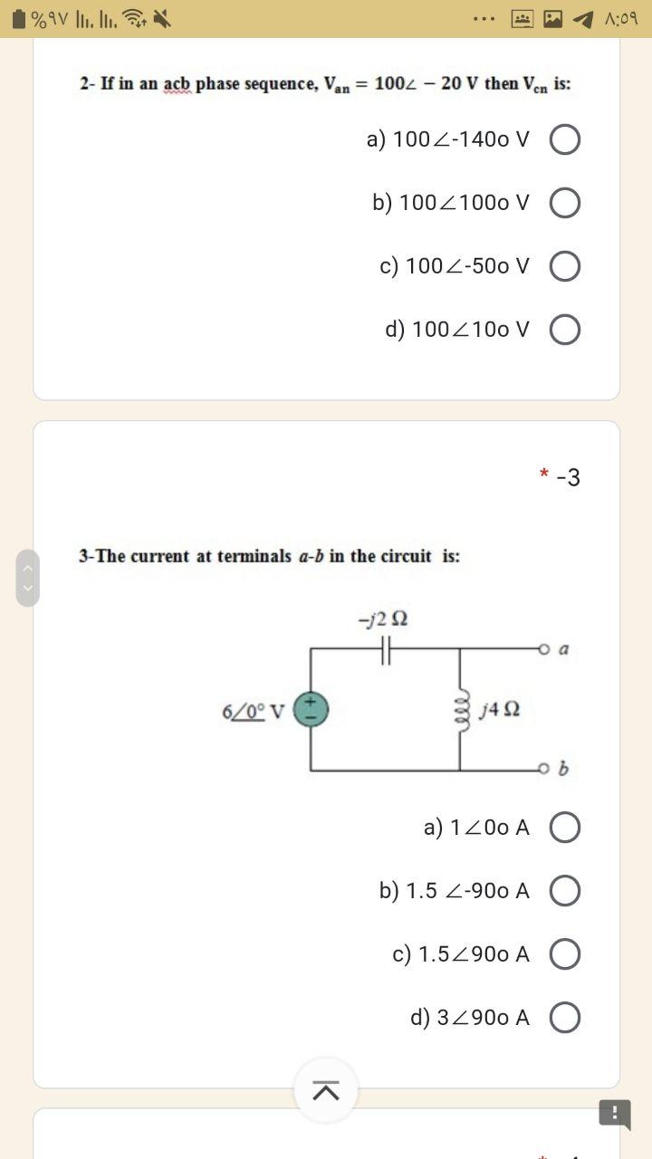 Solved جال .رال ۹۷% | 4:09 2- If in an acb phase sequence, | Chegg.com