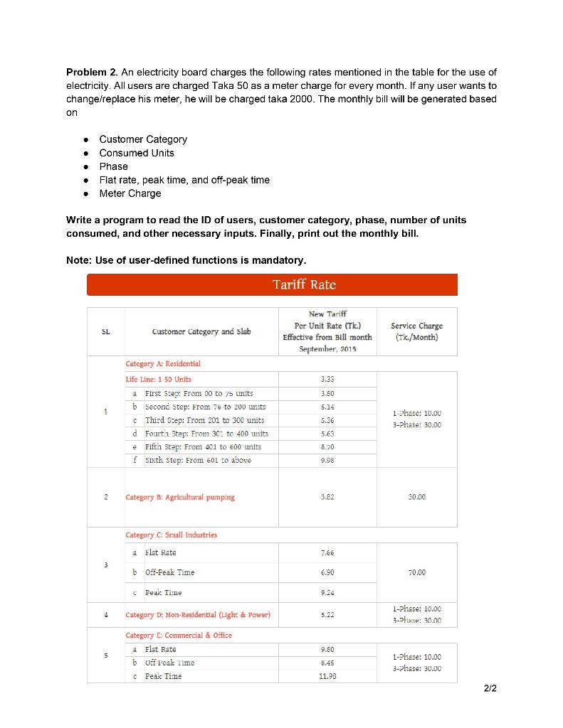 Solved Problem 2. An electricity board charges the following | Chegg.com