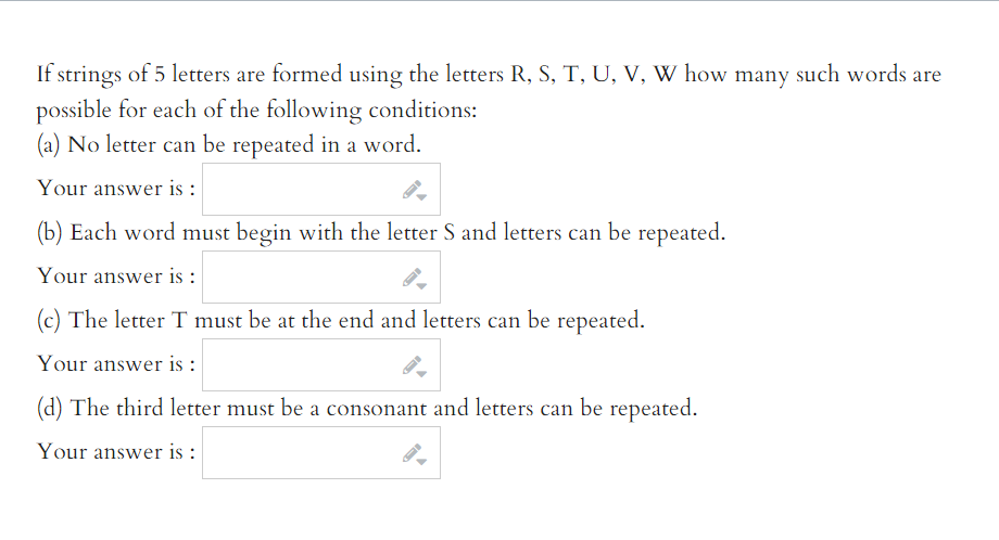 Solved If strings of 5 letters are formed using the letters | Chegg.com