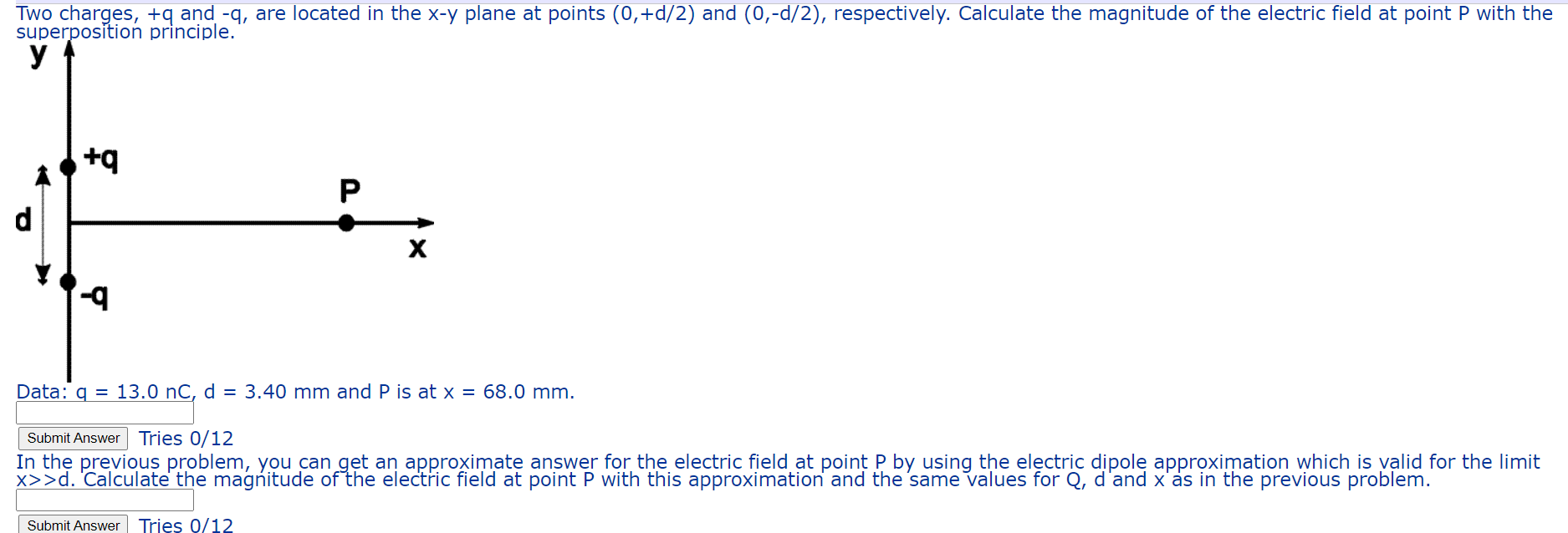 Solved Two charges, +q and -q, are located in the x-y plane | Chegg.com