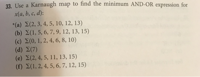 Solved 33. Use a Karnaugh map to find the minimum AND-OR | Chegg.com