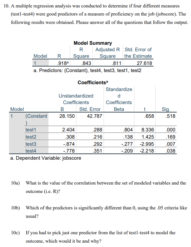 Solved 10. A multiple regression analysis was conducted to | Chegg.com