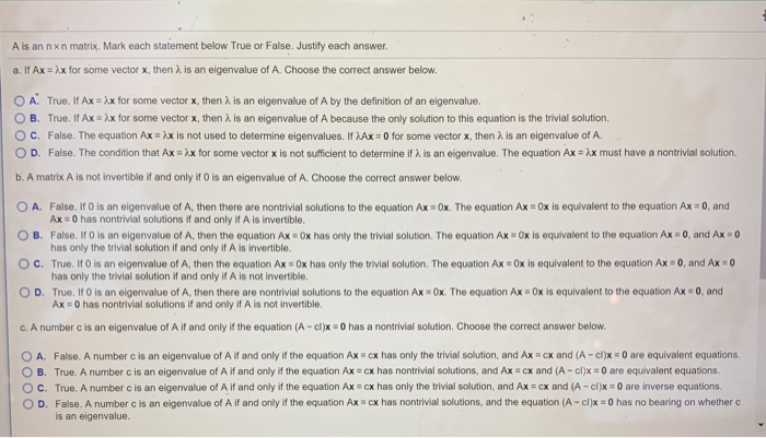 Solved A is an n × n matrix. Mark each statement below True | Chegg.com