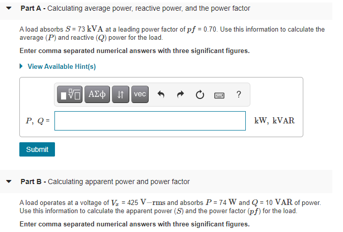 Solved Part A - Calculating average power, reactive power, | Chegg.com