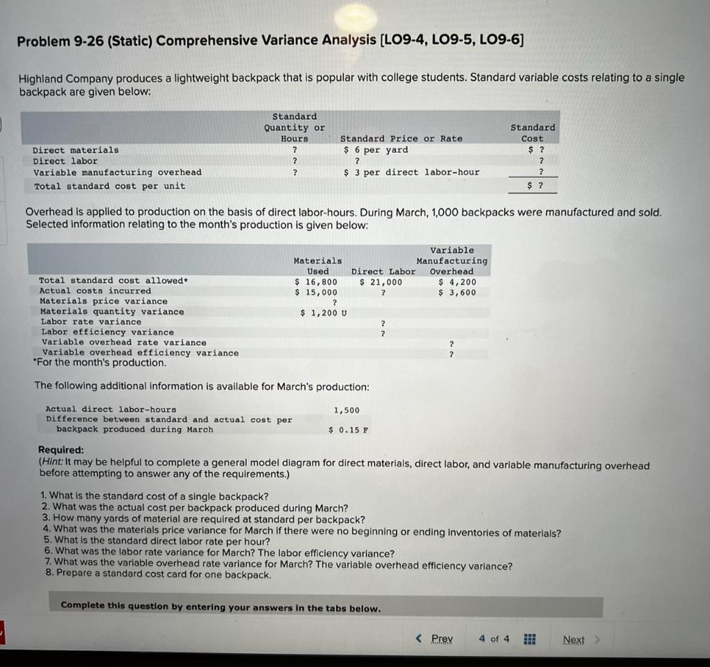 Solved Problem 9-26 (Static) Comprehensive Variance Analysis | Chegg.com