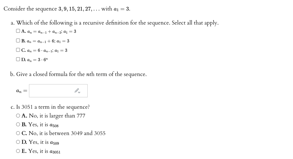 Solved Consider the sequence 3, 9, 15, 21, 27, ... with a1 = | Chegg.com